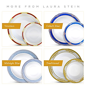 Laura Stein Designer Dinnerware Set | 64 Disposable Plastic Party Bowls | White Wedding Bowl with Burgundy Rim & Gold Accents | Set Includes 32 x 12 oz Soup Bowls + 32 x 5 oz Dessert Bowls | Vintage