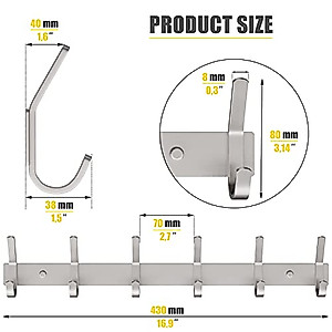 SAYONEYES Coat Rack Wall Mount with 6 Coat Hooks for Hanging - 17 Inch Heavy Duty SUS304 Stainless Steel Brushed Finish Waterproof – Wall Hook Rack for Bathroom Kitchen Entryway (Silver)