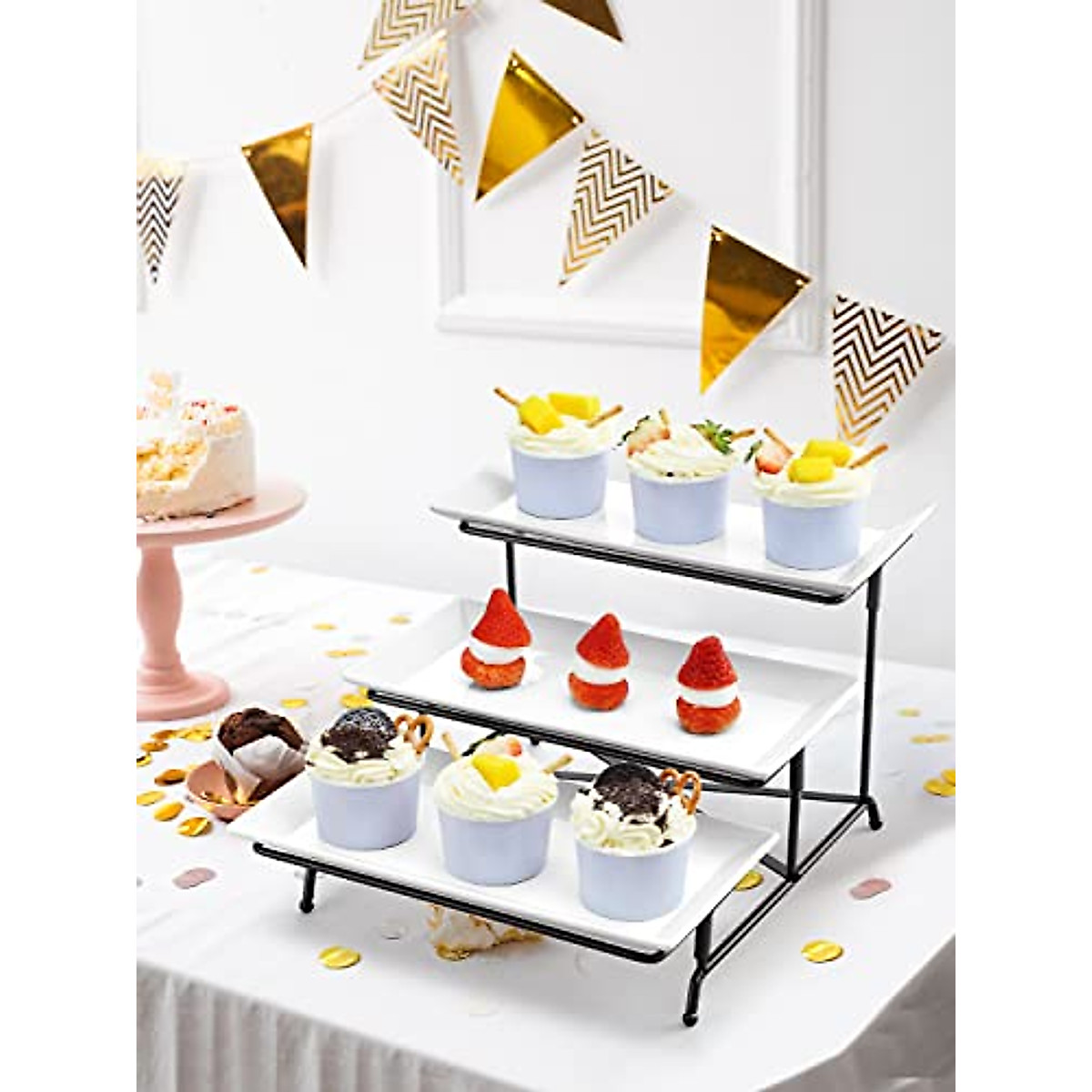 Yedio 3 Tier Serving Tray Set Porcelain Tiered Serving Trays Platters, Collapsible Sturdier Stand with Stable Cross Bars, 12 Inch Three Layer Serving for Party Entertaining Food Display Fruit Dessert