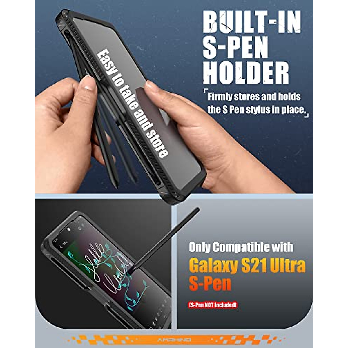 AMRHINO for Samsung Galaxy S21 Ultra Case with Built-in Screen Protector & Kickstand & S Pen Holder & Rugged Belt-Clip, Full-Body Heavy Duty Phone Case for Samsung S21 Ultra 5G 6.8 inch, Black