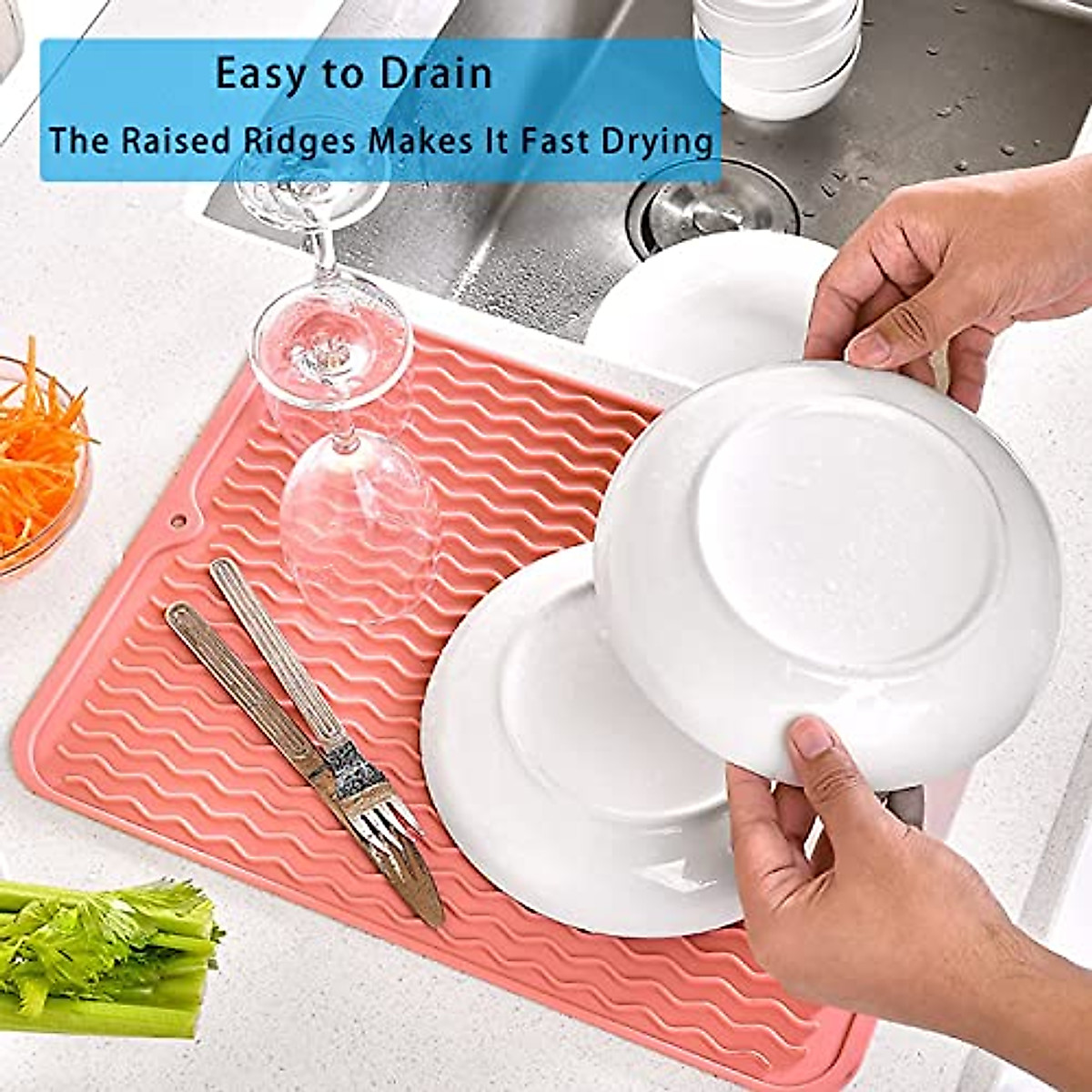 Dish Drying Mat, 2 Pack Silicone Drying Mat for Kitchen Counter, 16x12 Inches Dish Mat, Easy Clean Eco-friendly, Heat-resistant Mat (Pink+Green)