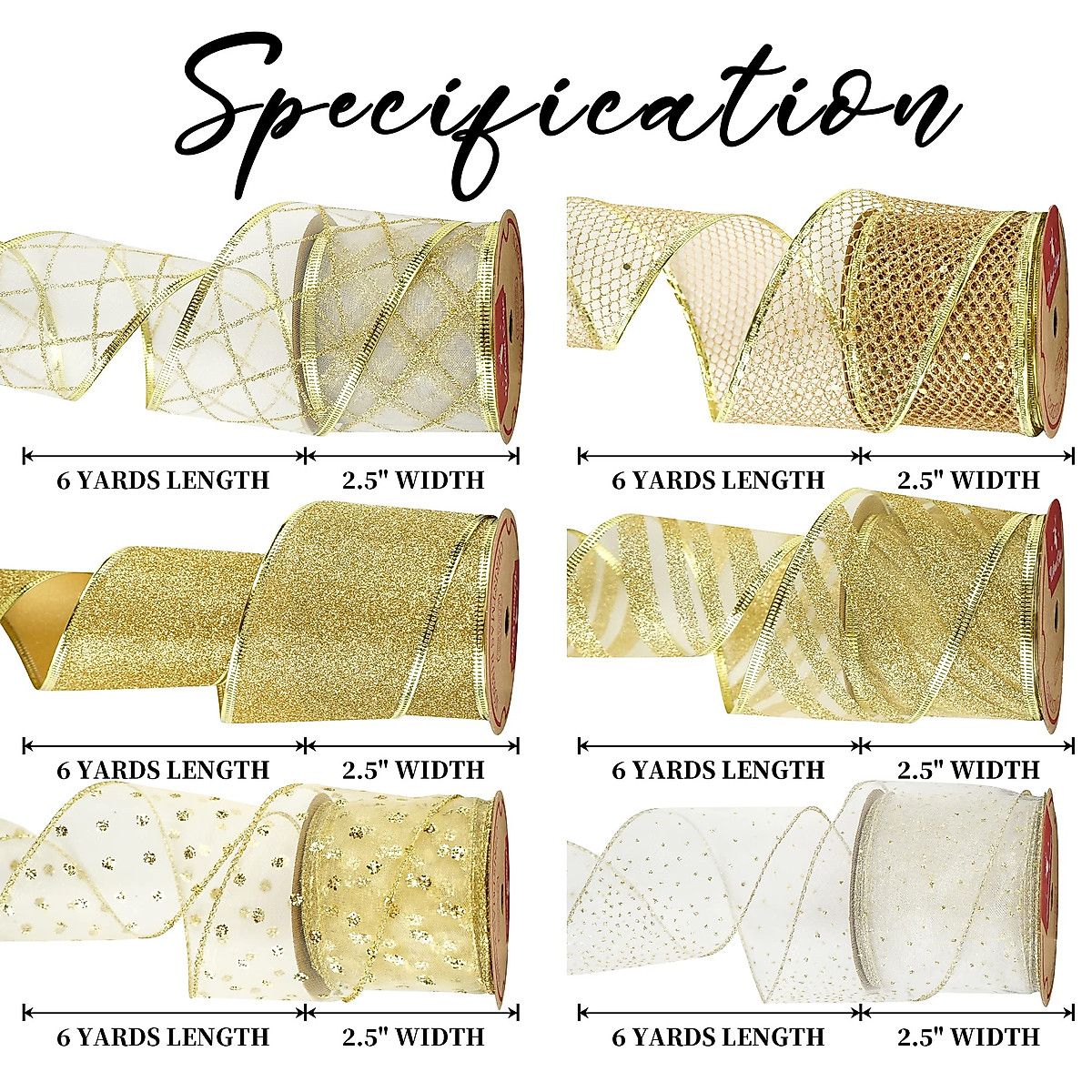 HUIHUANG Gold Christmas Ribbon - 2.5 inch Wide Gold Wire Edge Ribbons for Tree Decorations, Crafts, Gift Wrapping, Wreath, Garland, Bows - 6 Rolls x 6 Yards