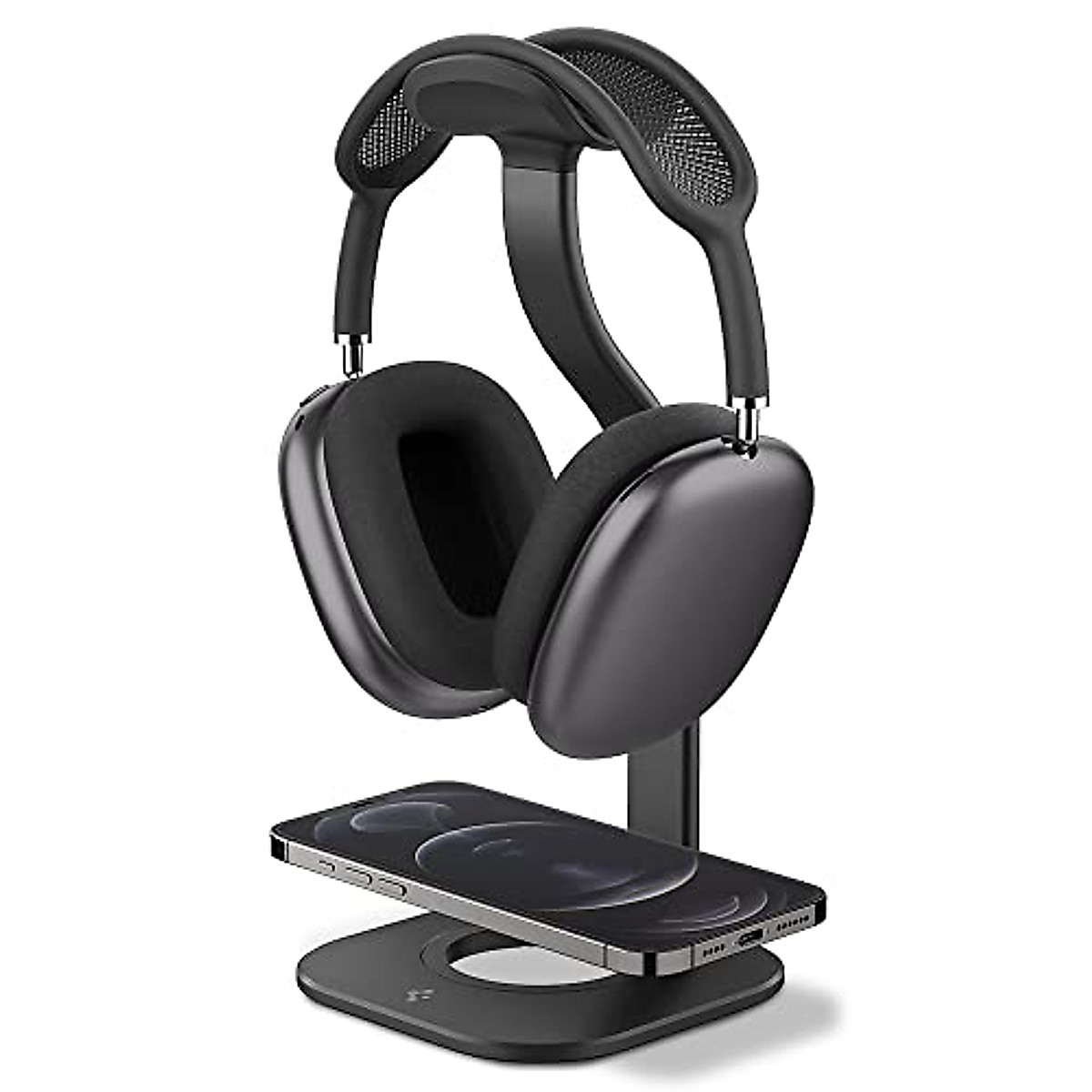 Spigen S380 (MagFit) Designed for Airpods Max Stand/MagSafe Charger [Charger Not Included] - Premium Aluminum Dual Headphone Stand Compatible with iPhone 14/13/12 Models - Space Gray