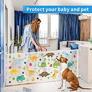 78 Inch Extra Wide Retractable Baby Gate for Large Opening, Child Safety Indoor/Outdoor Retractable Mesh, 34" Tall for Doorways, Stairs, Hallways-Dinosaur