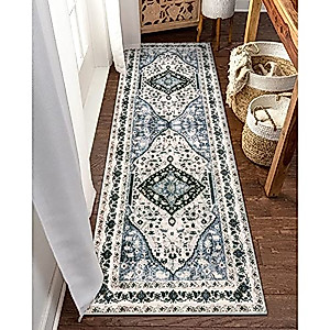 Beeiva Persian Washable Hallway Runner Rug, 2x6 Blue Vintage Floral Bathroom Kitchen Runner Rugs with Rubber Backing, Boho Runner Rug for Hallways Bedroom Entryway Laundry Room