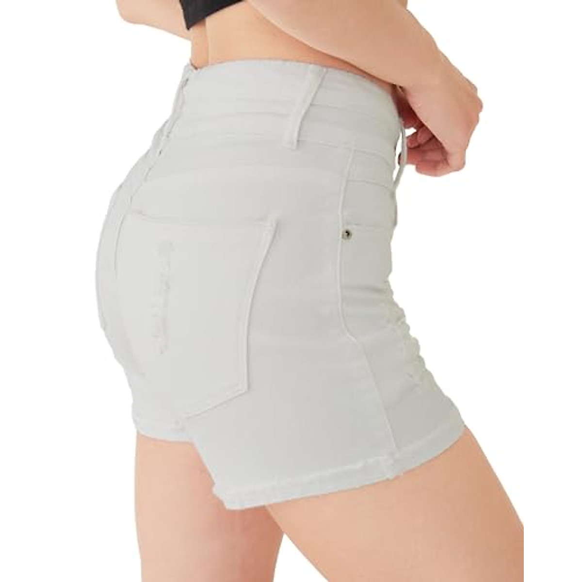 PHOENISING Women's Denim Shorts Stretchy Distressed Rolled Hem Mid Rise Jean Short, White, Size 12