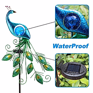 CHINLY Garden Solar Lights Stake, Metal Peacock Decor Solar Garden Lights Solar Peacock Stake for Outdoor Patio Yard Decorations (Blue Lampshade)