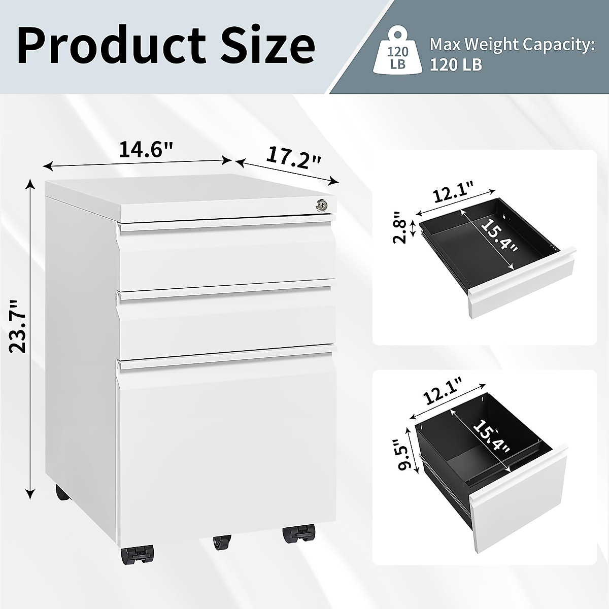 Approgreent Mobile File Cabinet for Home Office, Lockable 3 Drawer Filing Cabinet with Wheels for A4-Size/Letter-Size/Legal-Size, Fully Assembled Except Casters, White