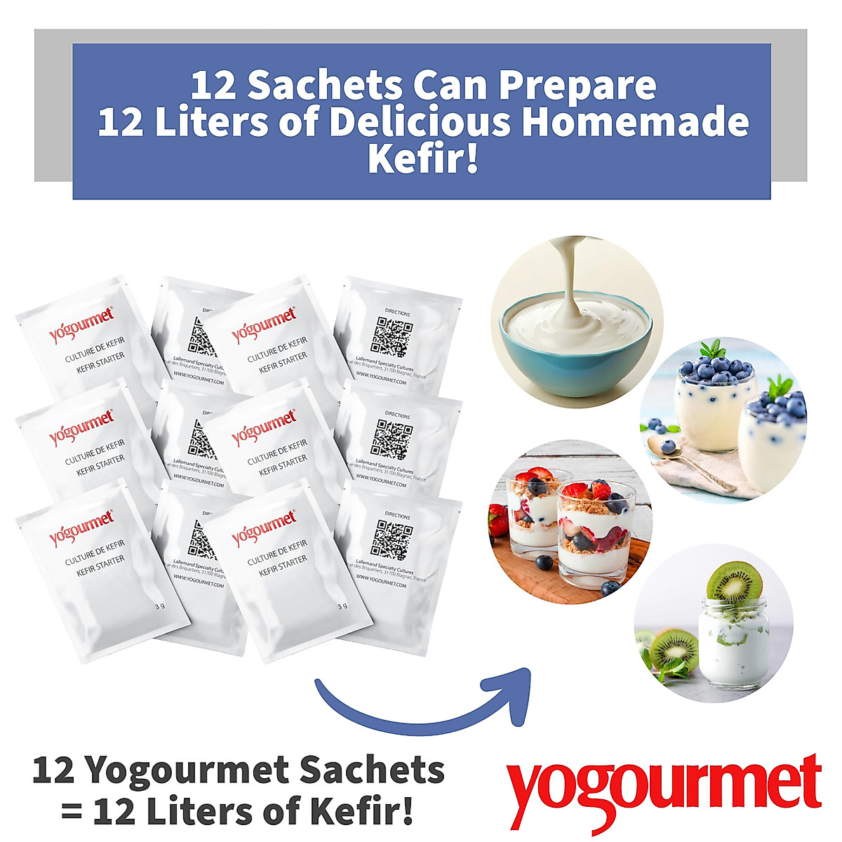 Yogourmet Kefir Starter (12 Pack Bulk Version) - Make Kefir at Home - Starter Culture - All Natural, Gluten Free, Kosher, Halal - 3 g Sachets