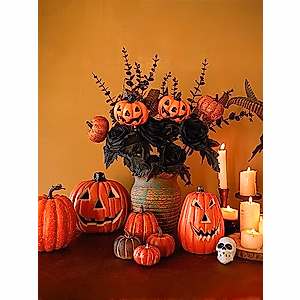 Anna's Whimsy 10PCS Halloween Decor Artificial Flowers Black Roses with Pumpkins, Halloween Table Centerpiece for Dining Kitchen Living Room Bedroom Front Door, Silk Flowers Bouquet Indoor Outdoor