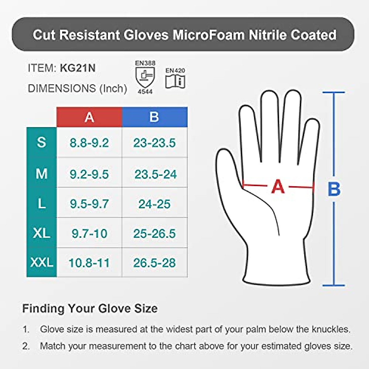 Cut Resistant Gloves, MicroFoam Nitrile Coated, ANSI Cut level A3,Superior Grip Performance,Durable, Safety Work Gloves For Men and Women, Ideal for General Duty Work, KG21NB, 2 Pairs Grey, Large