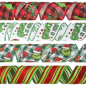 Christmas Ribbon Wired 2 1/2”x 20Yards(4 Roll x 5 Yards),Christmas Ribbon for Wreaths Bows DIY,Christmas Green Glitter Stripe Plaid Burlap Ribbon with Wire for Christmas Decor Crafts