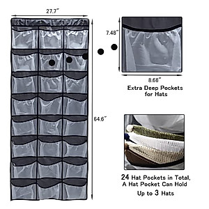 SJEhome Hat Rack Cap Organizer, 24 Deep Mesh Pockets Hat Storage & Ballcap Display Holder for Wall or Door, Over The Door Hat Racks, Hat Storage with Door Hooks,Gray