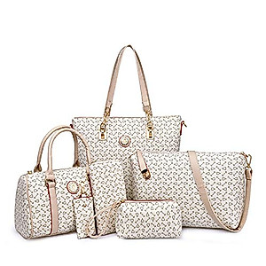 Women Handbag Set 6 Pcs PU Leather Tote Purse Set Multi-purpose Classic Shoulder Bag (Off White)