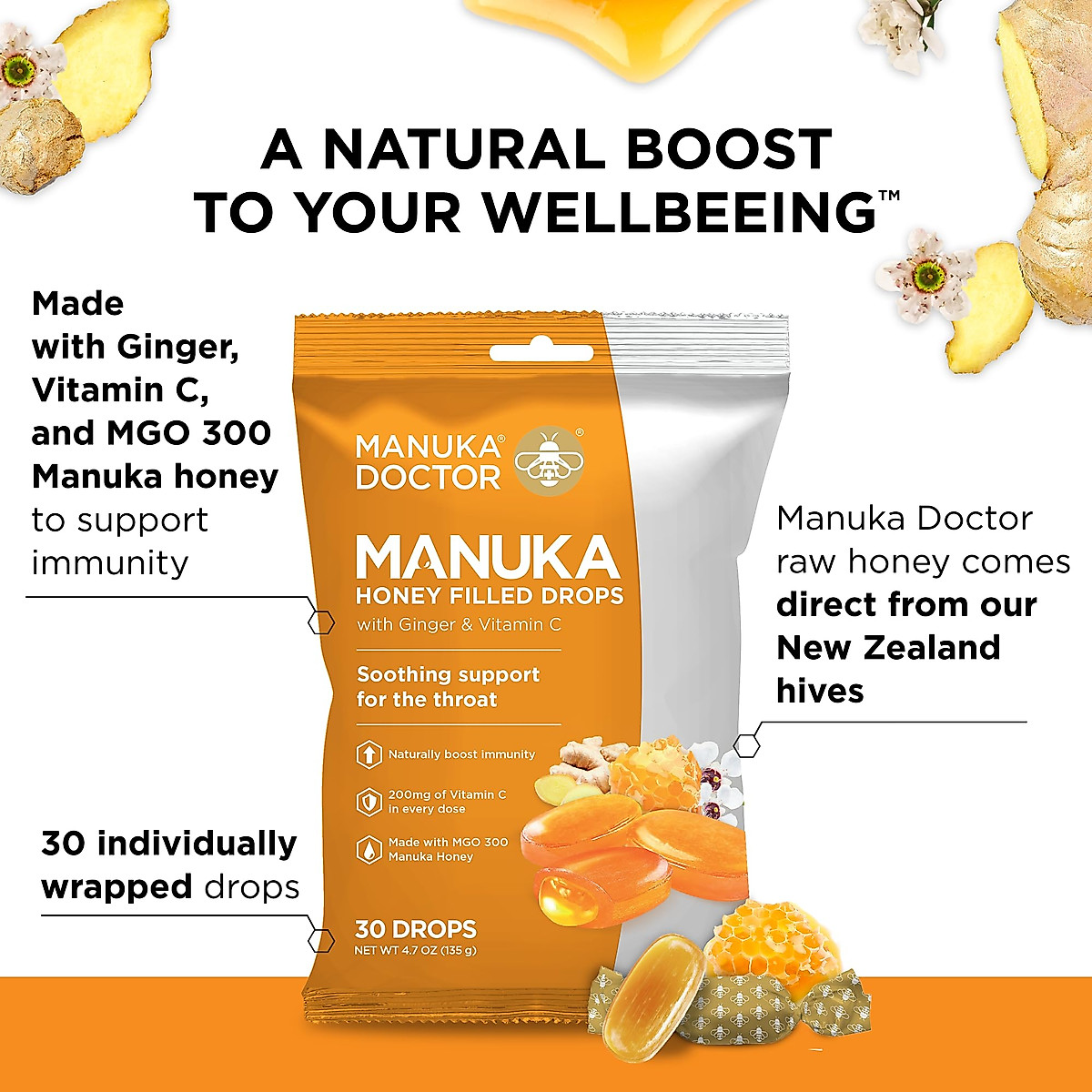 Manuka Doctor Cough Drops, Manuka Middles, 30 Count Honey Filled Lozenges with Vitamin C and Ginger to Help Support the Immune System, Soothing for Dry, Sore Throat, 4.7 oz