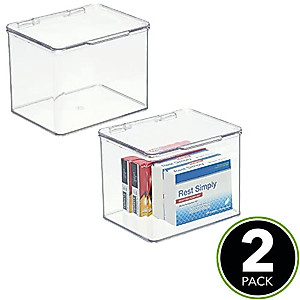mDesign Plastic Bathroom Storage Organizer Box with Hinge Lid for Closet, Shelf, Cupboard, or Vanity, Hold Medicine, Soap, Lotion, Cotton Swabs, Masks, Styling Tools, Lumiere Collection, 2 Pack, Clear