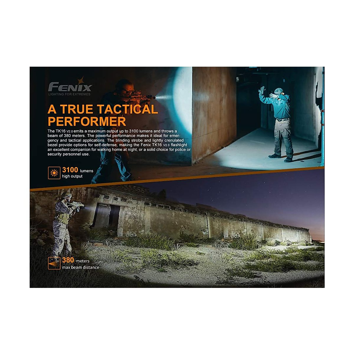Fenix TK16 v2.0 Tactical Flashlight, 3100 Lumen Long Throw, USB-C Rechargeable, with LumenTac Organizer