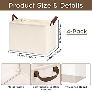 Storage Baskets for Shelves, Foldable Storage Bins with Handles Metal Frame for Clothes Storage, Towel Storage, Book Basket, 15.7"x11.8"x11.8", Beige, 4 Pack