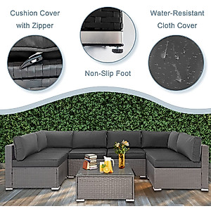 Incbruce 7-Piece Outdoor Furniture Sofa Set, All-Weather Gray Wicker Sectional Couch, Patio Conversation Sets with Glass Coffee Table and Washable Cushions (Grey)