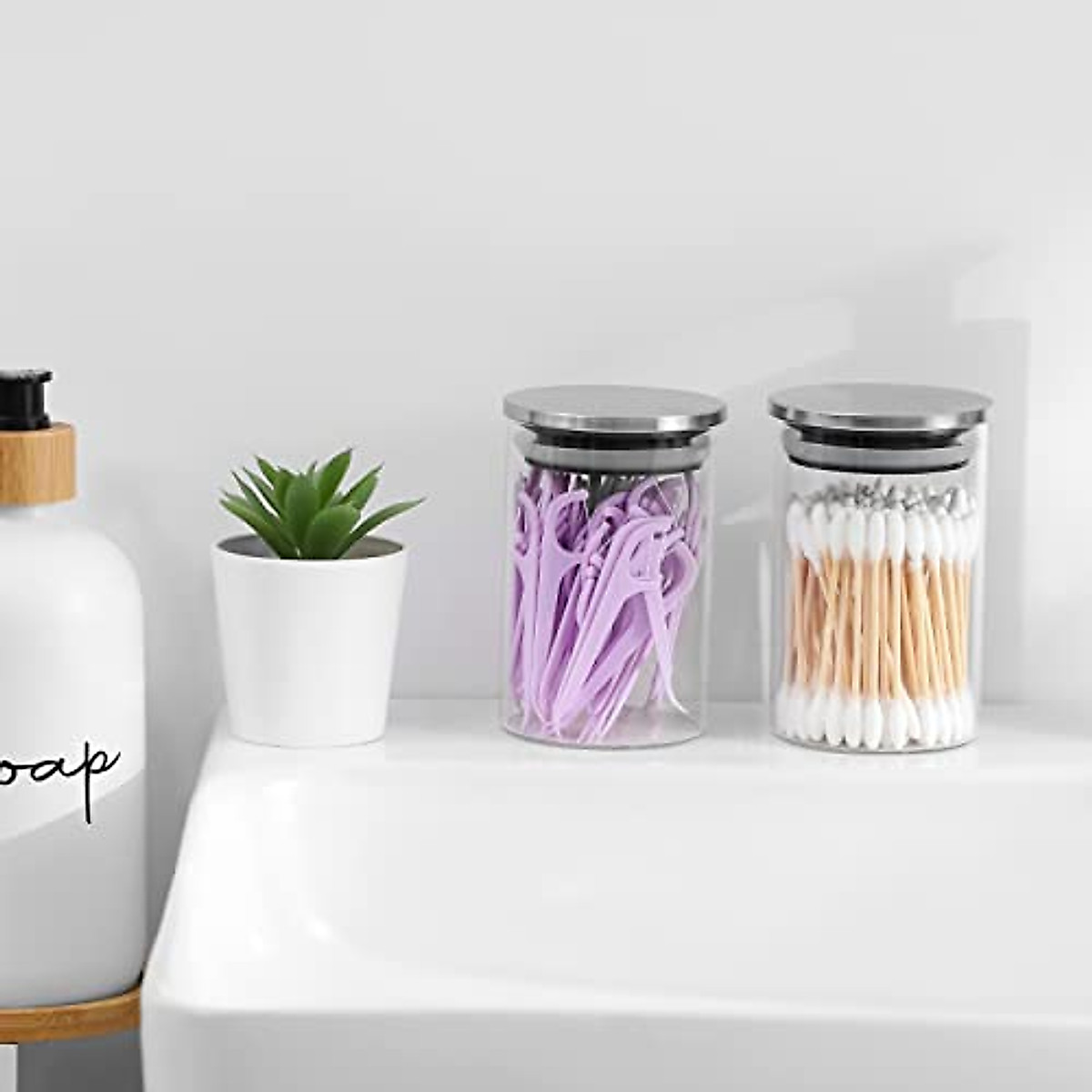 Heagoale 2 Pack Apothecary Jars with Lids Glass Qtip Dispenser Holder Bathroom Vanity Organizer 10 oz Clear Cotton Ball Storage Containers for Cotton Swab, Cotton Round, Floss Pick, Hair Accessories