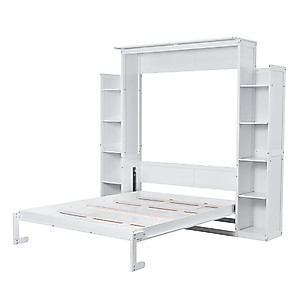 Merax Queen Size Murphy Bed, Queen Wall Bed Frame with Shelves and LED Lights, White
