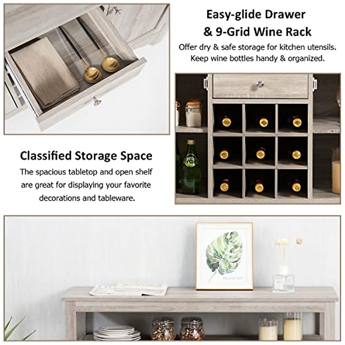 PETSITE Sideboard Buffet Cabinet with Storage, Wine Rack, Open Shelf, 2 Cabinets & Drawer, Wood Accent Coffee Bar Station Console Tables for Home Kitchen, Living Room, Entryway