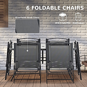 Outsunny 8 Piece Patio Dining Set with Table Umbrella, 6 Folding Chairs and Rectangle Dining Table, Outdoor Patio Furniture Set, Black