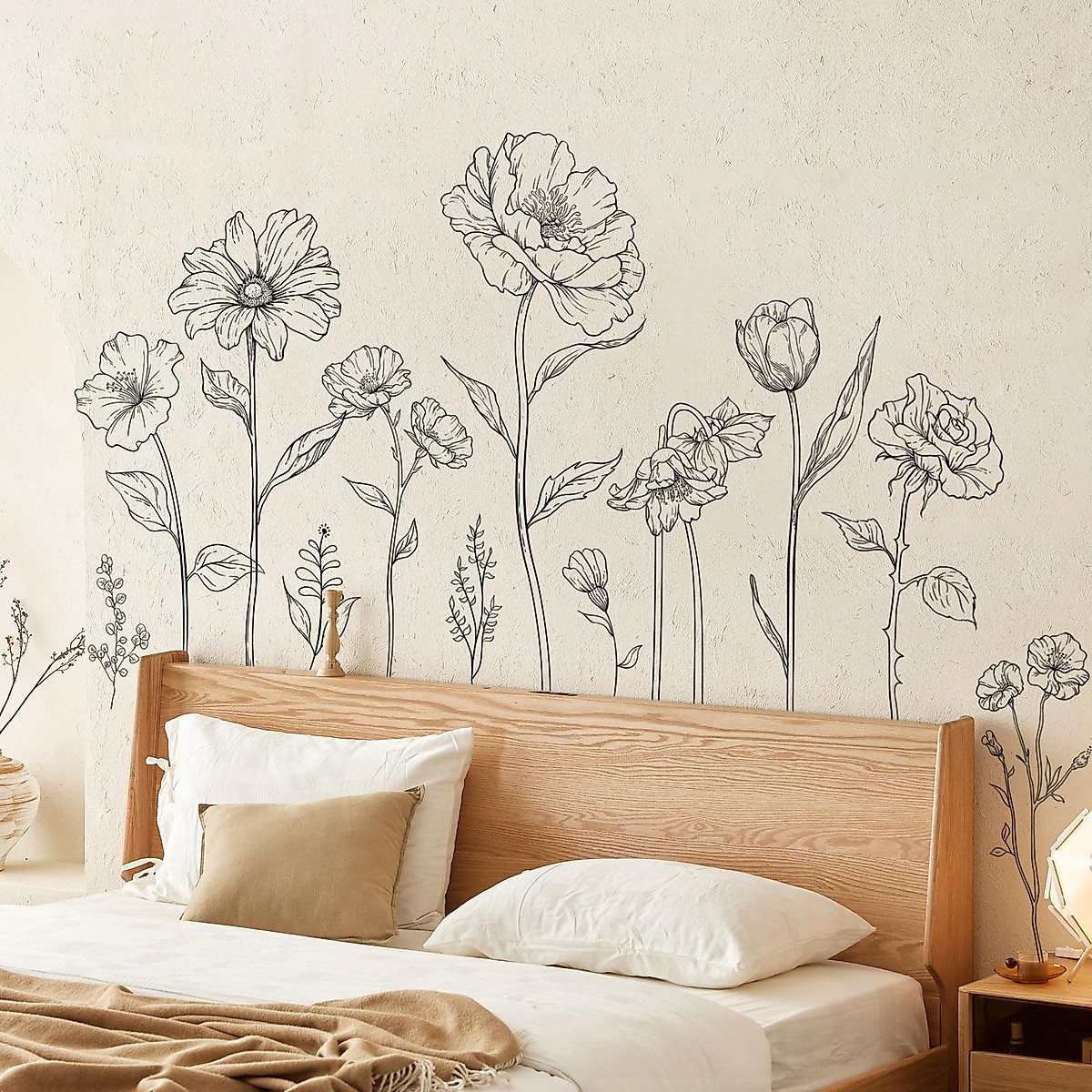 Large Black Boho Flower Wall Decals Simple Sketch Floral Wall Stickers Wildflower Peel and Stick Wall Art Decor for Girls Bedroom Living Room Office Adult Home Decor
