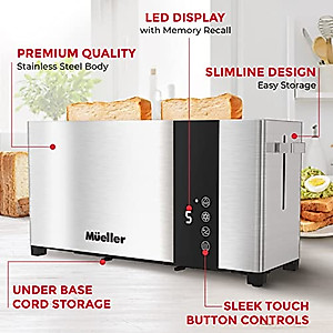 Mueller UltraToast Full Stainless Steel Toaster 2 Slice, Long Extra-Wide Slots with Removable Tray, Cancel/Defrost/Reheat Functions, 6 Browning Levels with LED Display