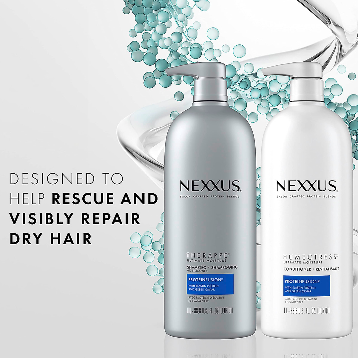 Nexxus Therappe Moisturizing Shampoo for Dry Hair Ultimate Moisture Silicone-Free, ProteinFusion with Elastin Protein and Green Caviar 33.8 oz