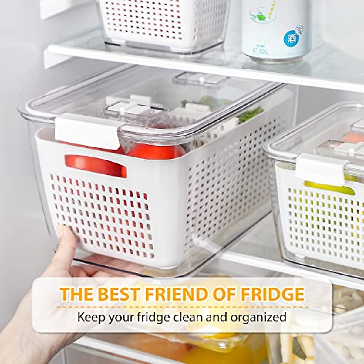 Fruit Storage Containers for Fridge, 3 Pack Produce Saver Containers 10 Pack BPA FREE Reusable Freezer Bags, Vegetable Fruit Container Storage Reusable Lunch Bag for Meat Fruit