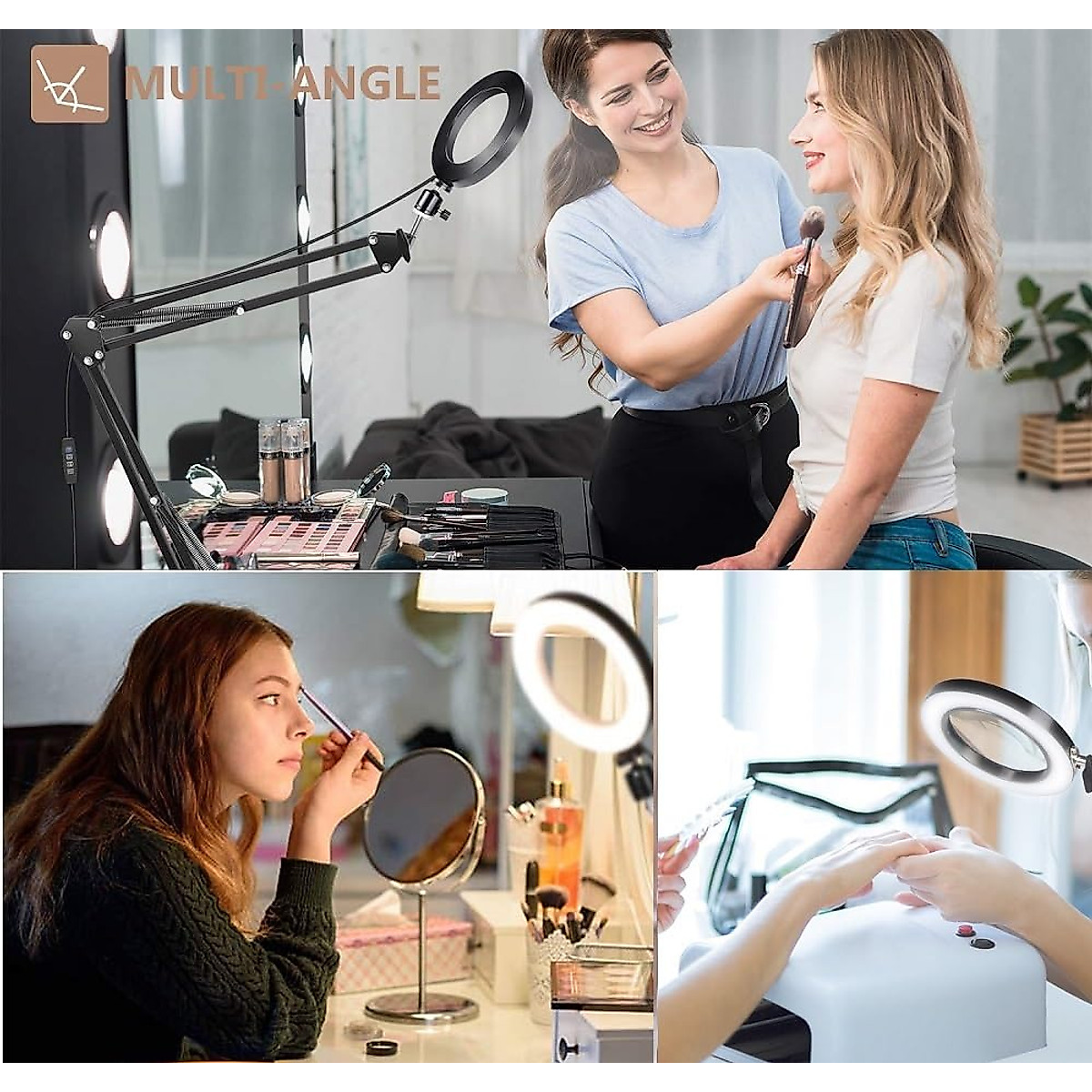 Phone Ring Light, 8'' Ring Light with 2 Suspension Arm Stand Compatible with iPhone 15 14 13 12 11 XR X XS Cell Phone for Baking,Craft,Calligraphy,Drawing,Online Lesson,Video Recording