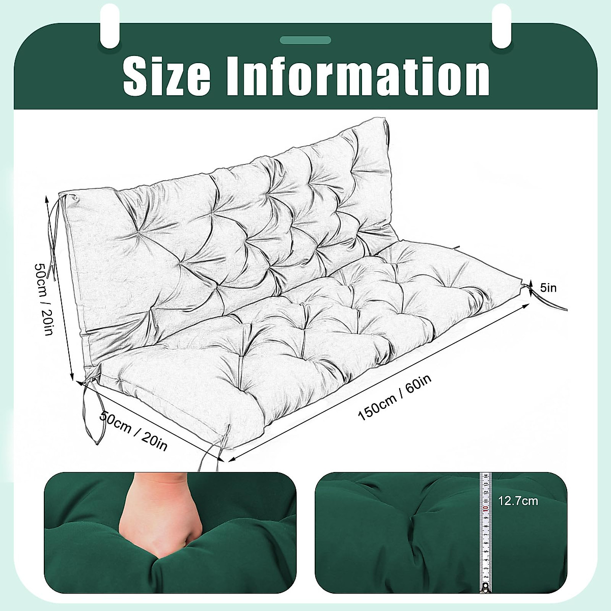 HZMGPCM Swing Cushions 3 Seater Replacement Porch Swing Cushions Outdoor 60 inch Patio Swing Cushions Waterproof Thicken 5" Dark Green Bench Cushion with Backrest & Ties for Garden Outdoor Furniture