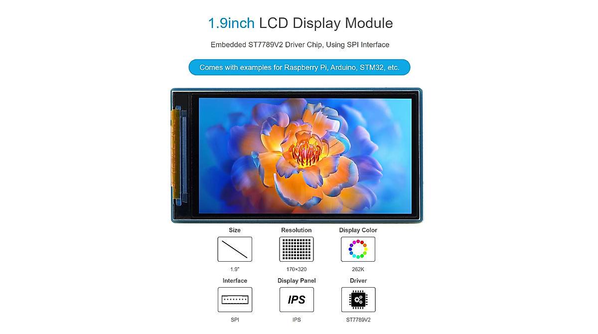 waveshare 1.9inch LCD Display Module 170×320 Resolution 262K Display ...