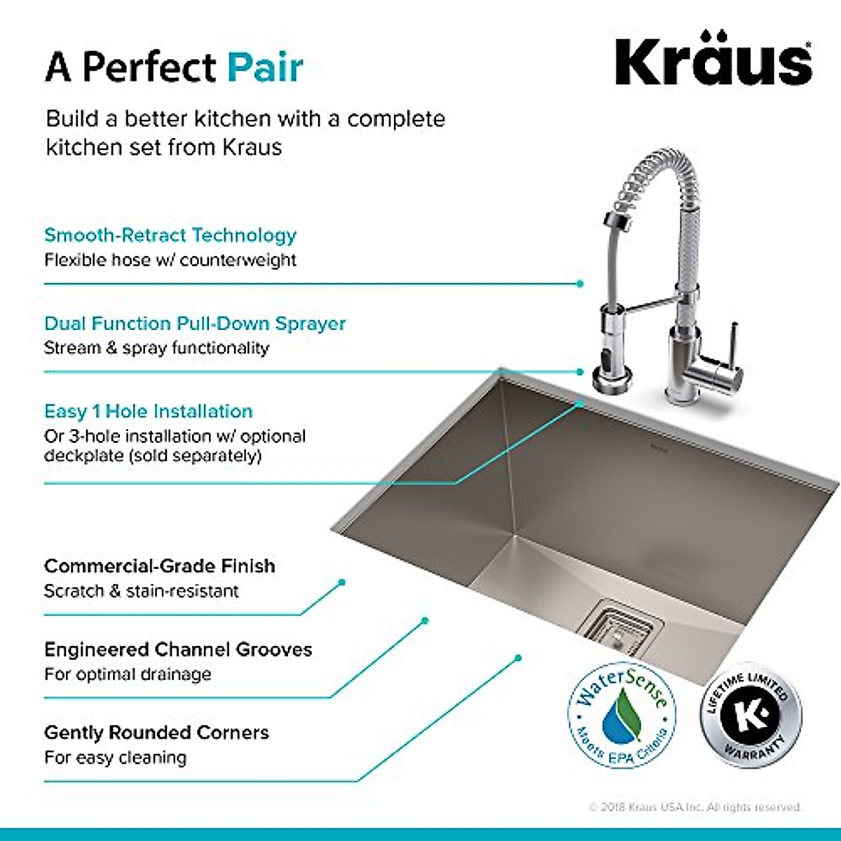 KRAUS 24-inch 18 Gauge Pax Laundry and Utility Sink Combo Set with Bolden 18-inch Kitchen Faucet and Soap Dispenser, Chrome KHU24L-1610-53CH