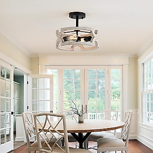 9MMML Flush Mount Ceiling Light, Wood Drum 2 Lights Ceiling Light Fixtures, Rustic Farmhouse Ceiling Lamp for Entryway Hallway Bedroom,E26