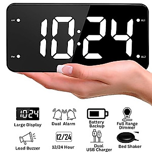 Digital Loud Alarm Clock for Heavy Sleepers Adults with Bed Shaker - Ideal for Hearing Impaired People - Dual Alarm Settings & 2 USB Charger - 7 Inch Display (Black with White Digit)