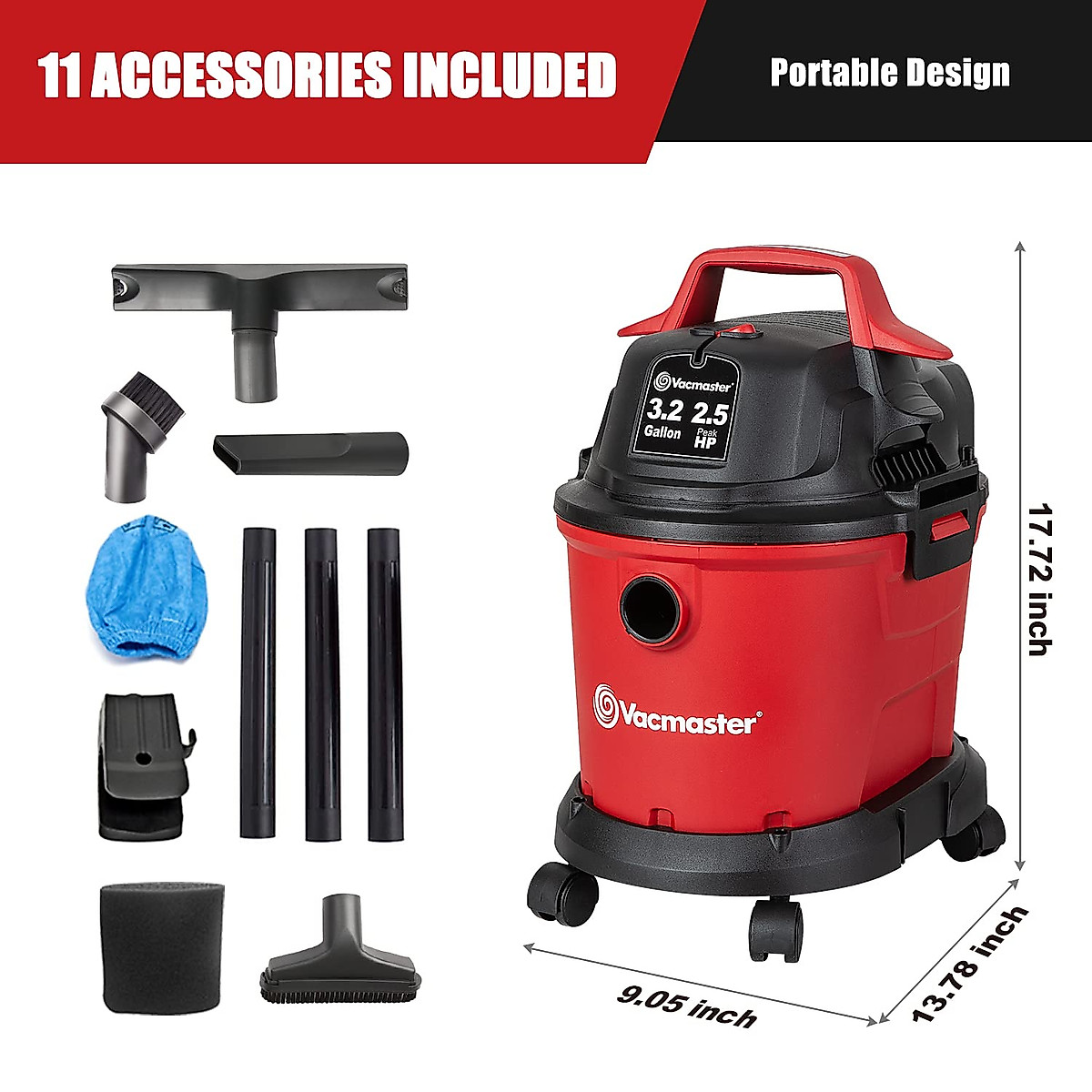 Vacmaster Red Edition VHB305M 1101 Wall Mount Wet Dry Vacuum 3.2 Gallon 2.5 Peak HP