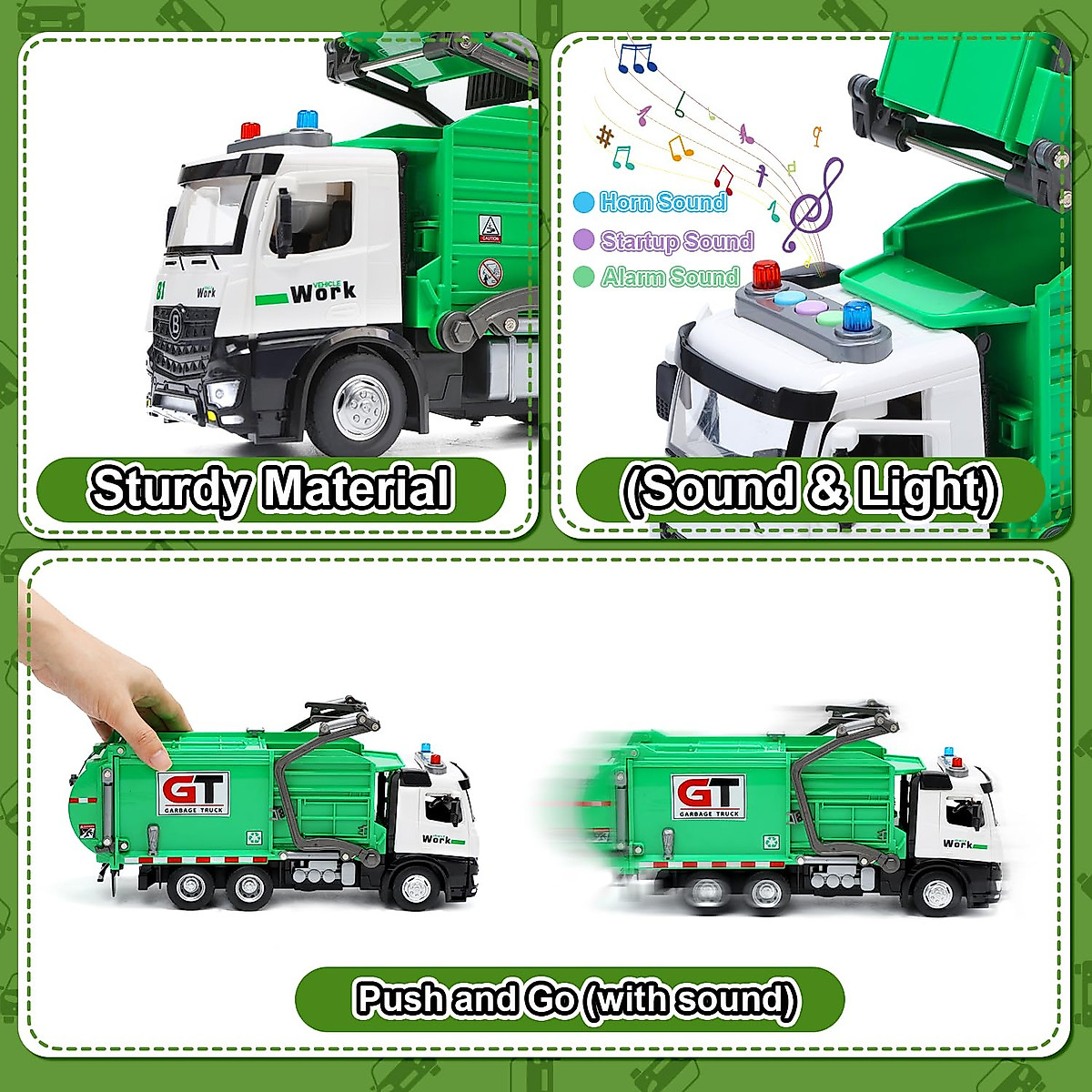 HOLYFUN Garbage Truck Toys Trash Truck with Sound and Light, Friction Powered Truck with 5 Garbage Cans, Push and Go Pull Back Car, for Boys