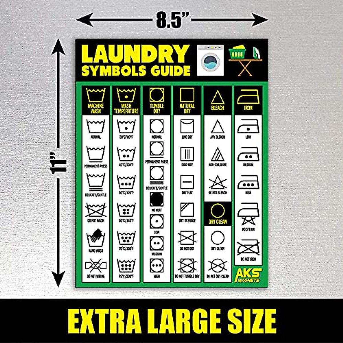 Laundry Symbols Guide Magnet - Extra Large Easy to Read 8.5” x 11” Clothing Care Instruction Cheat Sheet – Washing, Drying, Ironing & Bleaching Accessory - Functional Modern Laundry Room Art Decor