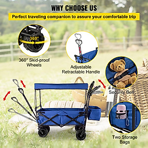 HAPPYBUY Extra Large Collapsible Garden Cart/Wagon with Removable Canopy, 220lbs Capacity Push& Pull Utility Cart with Rear Storage; Upgrad Padded Cotton 600D OxfortSecure Lock (40IN40IN20IN, Blue)