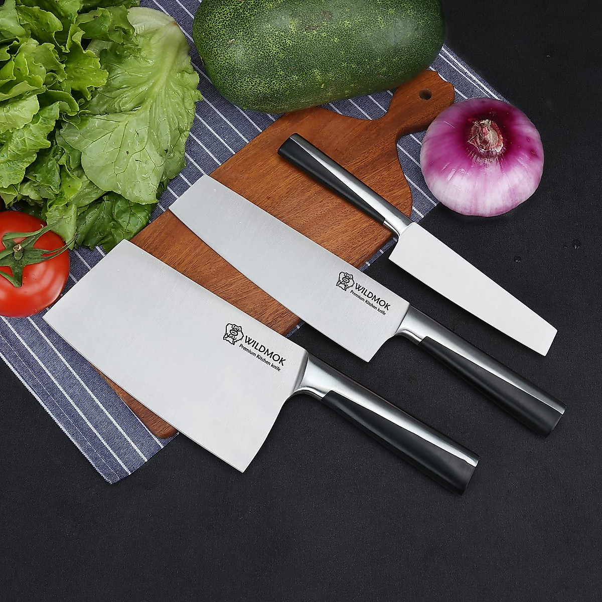 WILDMOK 3pcs Knife Set Stainless Steel Kitchen Knives Set 7inch Bone Chopper 7inch Nakiri Knife and 5inch Utility Cutter with Stainless Steel & ABS Handle, Perfect Cutlery Set Gift