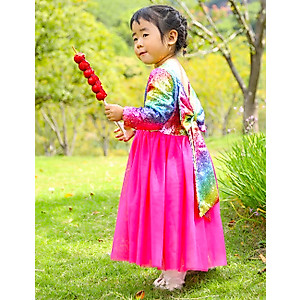 Cilucu Flower Girl Dress Sequin Dress Baby Toddler Long Sleeve Dress Tutu Kids Party Birthday Christmas New Year Dress Rainbow Hot Pink 4T-5T
