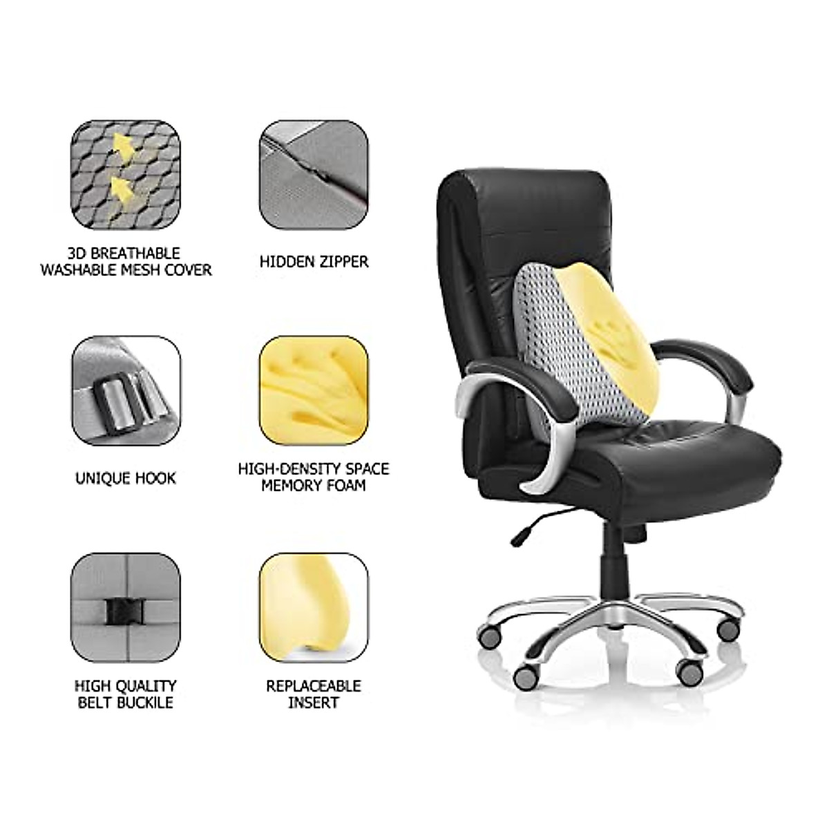 Bipintip Lumbar Support Office Chair with Adjustable Strap and Washable Cover - Back Cushion for Couch,Recliner,Car,Desk Chair - Lumbar Pillow Back Pain Relief,Improve Posture(Gray)