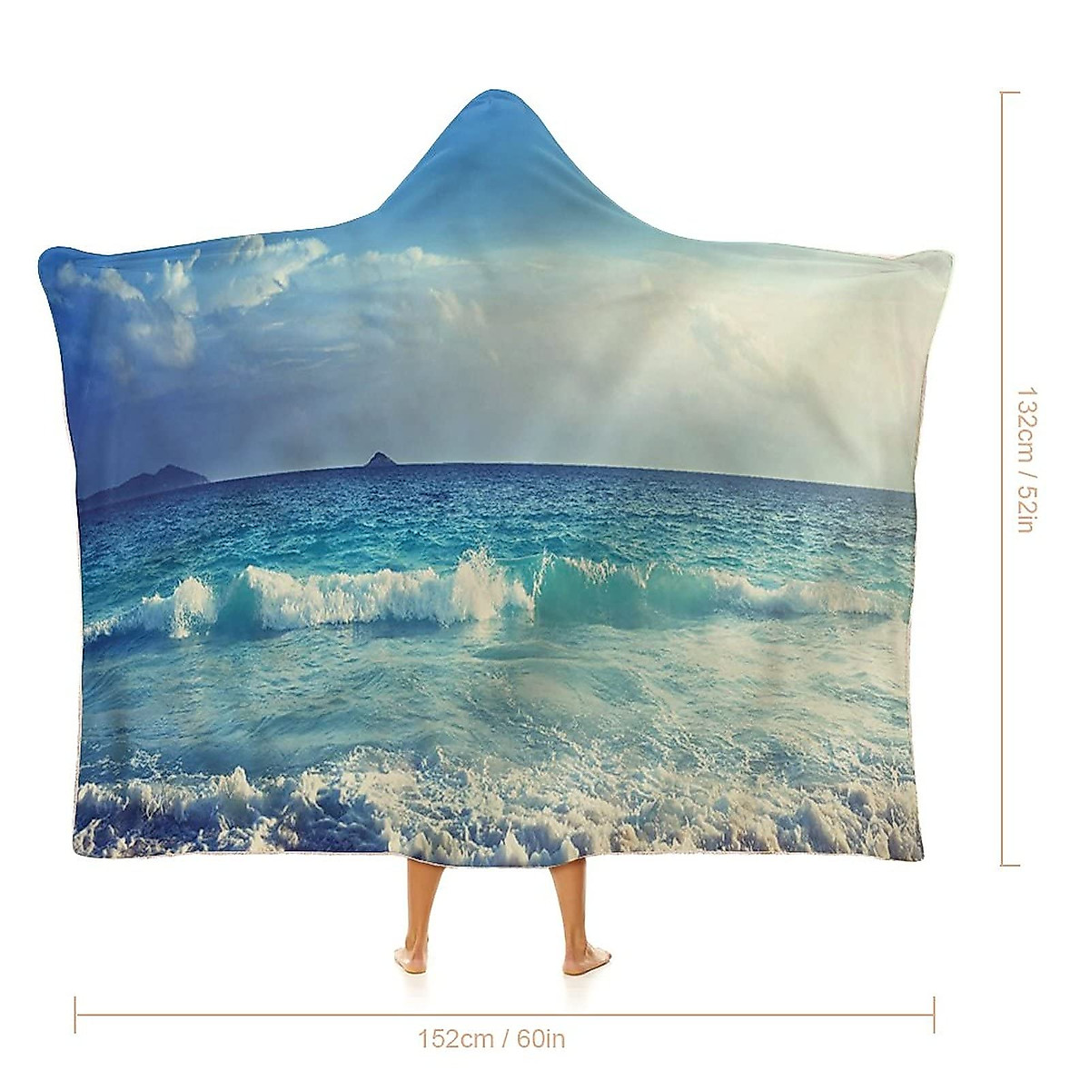 Hooded Blanket Poncho, Ocean Women Men Hooded Blanket, Beach Sunset Waves, Soft Warm Cozy, 40 x 50inches, for Kids Adults Travel Throw Blankets, Multicolor