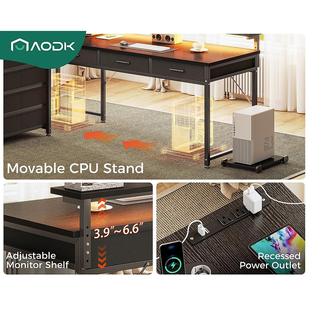 AODK 61" L Shaped Desk with 7 File Drawers, Gaming Desk with LED Light & Power Outlet, Reversible Home Office Desk with Monitor Shelf & Movable CPU Stand, Corner Computer Desk, Black