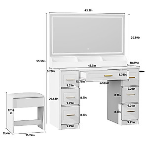 Homesflex Vanity Desk with Mirror and LED Lights, 43'' W Makeup Vanity Desk with Power Outlet, 3 Color Modes, 7 Drawers Vanity Table with Chair, Dressing Table for Bedroom, Dressing Room (White)