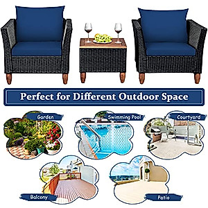 Tangkula 3 Piece Patio Furniture Set, Patiojoy Outdoor Wicker Rattan Bistro Sofa Set w/Washable Cushion, Acacia Wood Top Coffee Table, Conversation Set for Balcony Backyard Porch (Blue)