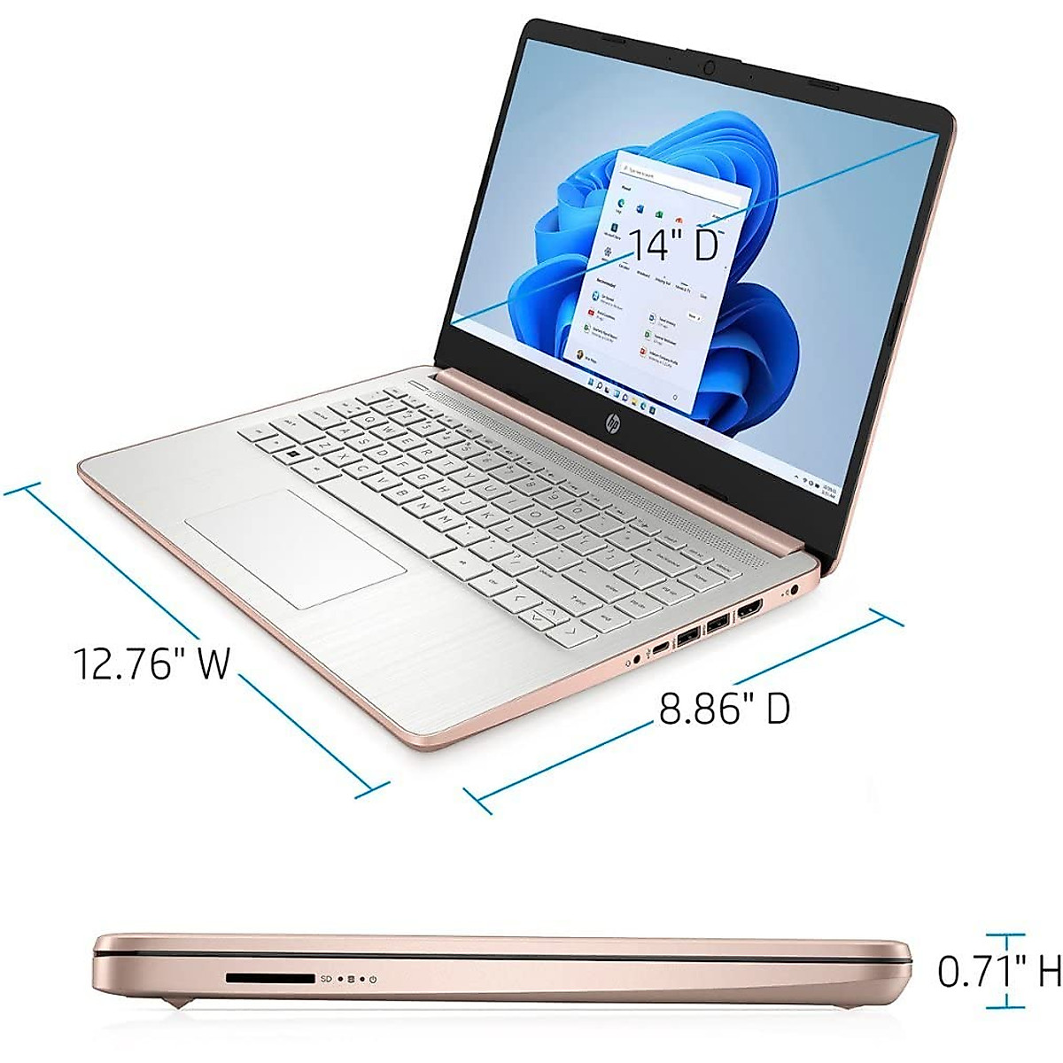 HP Stream Laptop, 14" HD Display, Intel Celeron N4120 Processor, 16GB Memory, 320GB Storage (64GB eMMC + 256GB card), 1-Year Office 365, Webcam, HDMI, Wi-Fi, USB-C, Windows 11 Home, Rose Gold, JVQ MP