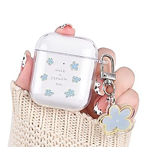 Newseego Compatible with Airpods 1&2 Case, Cute Clear Girl Fashion Blue Small Flower Design Full Protective Soft Silicone Cover with Blue Small Flower Keychain for Kids and Womens -Blue Flower